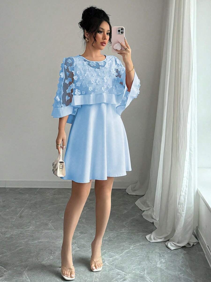 Blue Womens Elegant Floral Appliqué Chiffon Overlay A-Line Short Dress ...