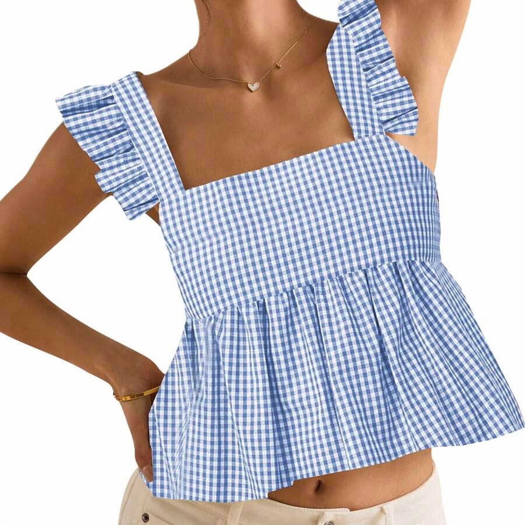 Blue Womens Gingham Square Neck Ruffle Sleeve Peplum Crop Top With ...