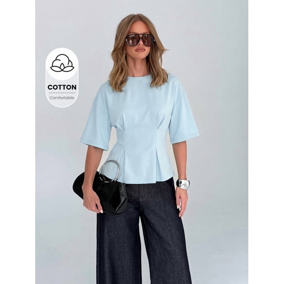 Blue Womens Half Sleeve Cotton Peplum Top With Round Neckline And ...