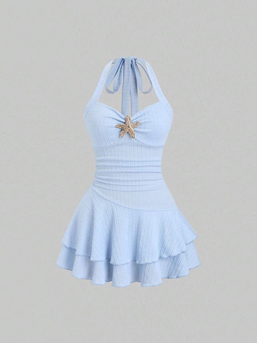 Blue Womens Halter Tie Front Ruched Bust Textured Layered Ruffle Hem ...