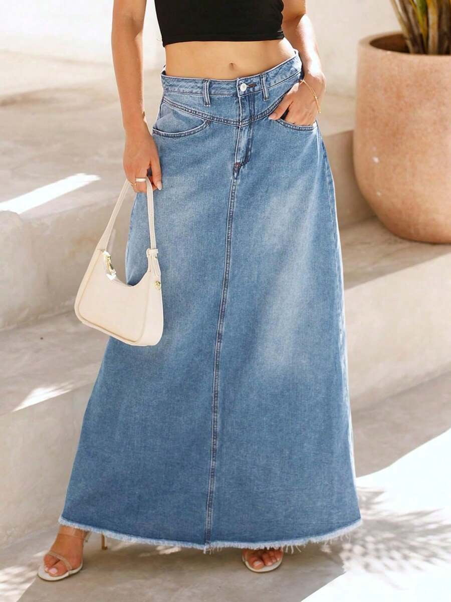 Blue Womens High-Waisted A-Line Denim Maxi Skirt With Frayed Hem And ...