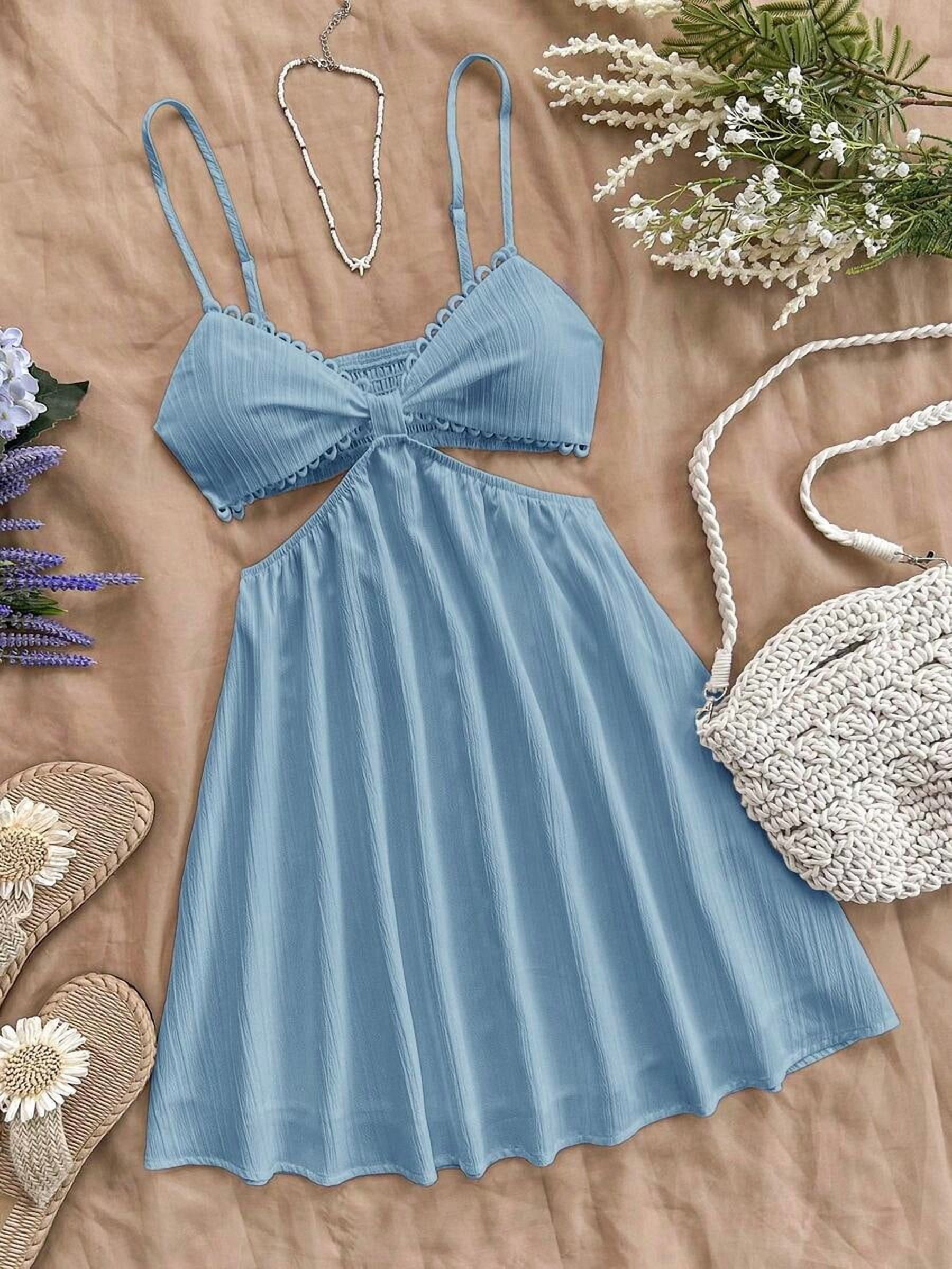 Blue Womens Hollowed Waist V-Neck Strappy Mini Sundress With Scallop ...