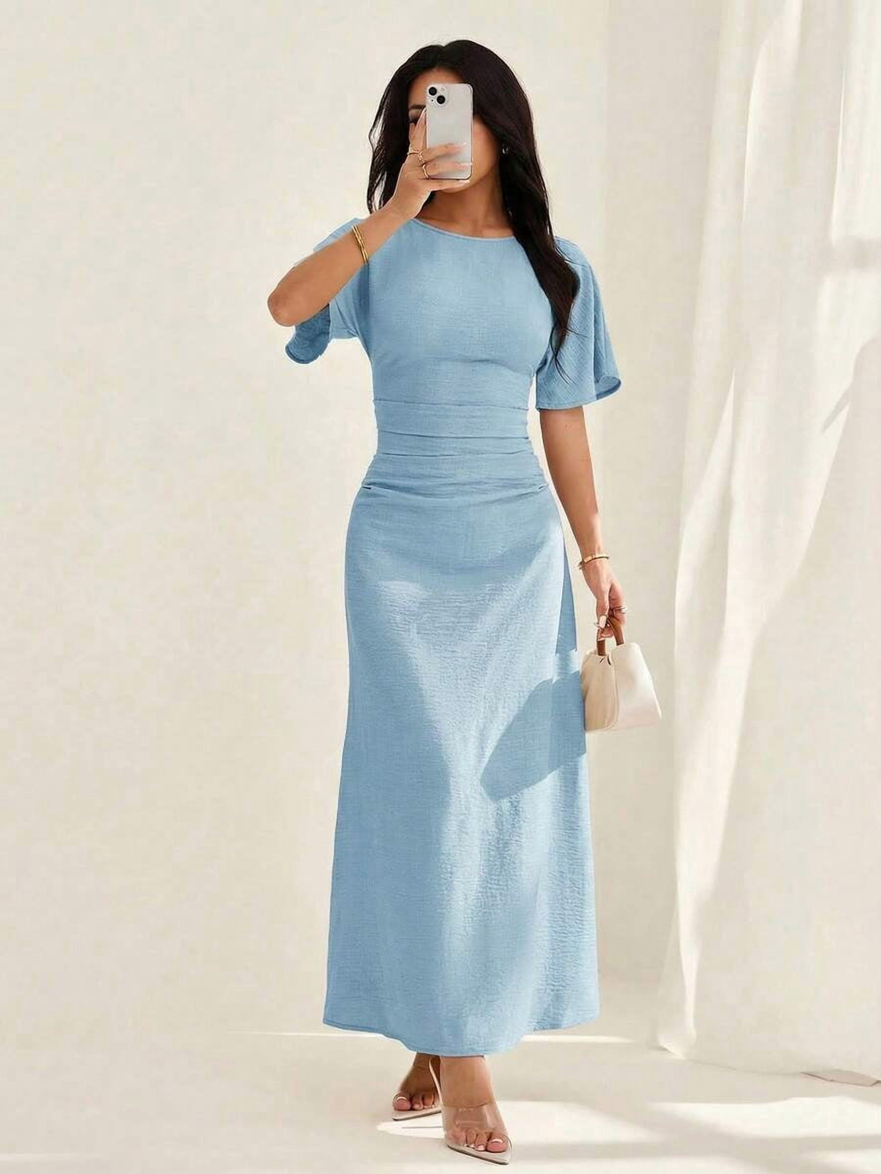 Blue Womens Linen Blend Solid Color Elegant Maxi Dress With Short Flare ...