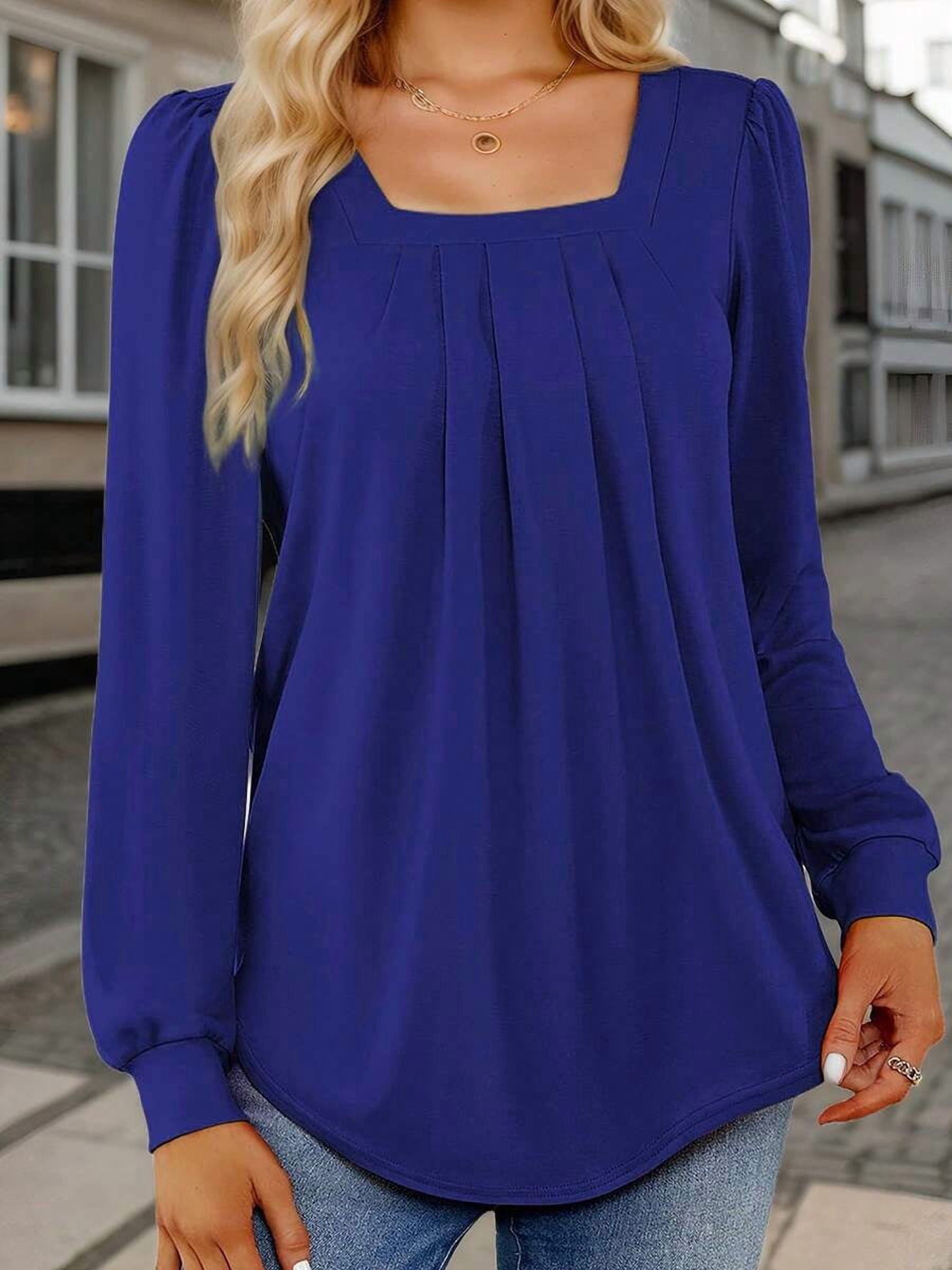 Blue Womens Long Sleeve Pleated Front Square Neck Blouse For Daily Wear ...