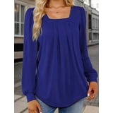 Blue Womens Long Sleeve Pleated Front Square Neck Blouse For Daily Wear ...