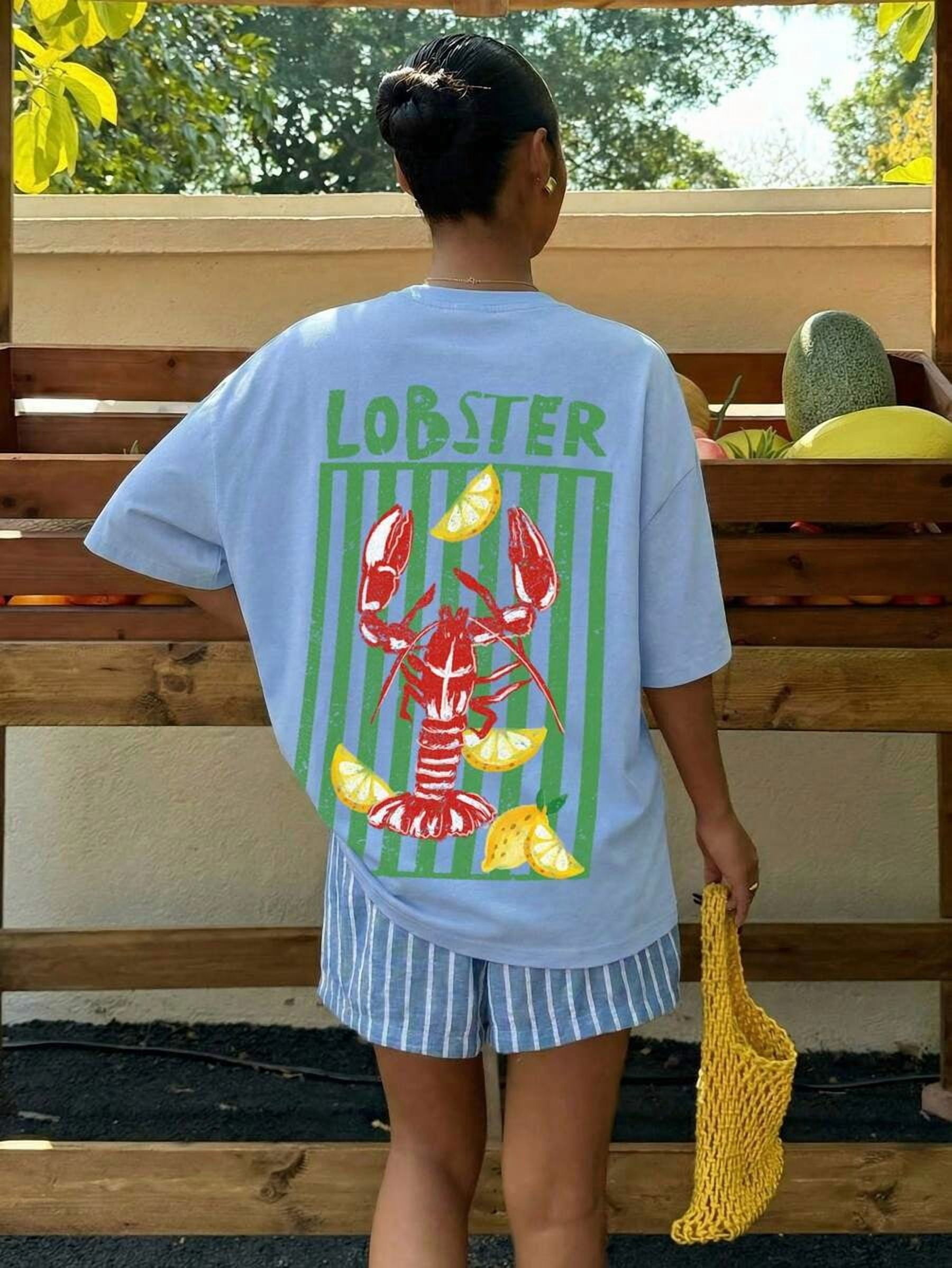 Blue Womens Loose Raglan Graphic Tee With Lobster & Lemon Stripe Print ...
