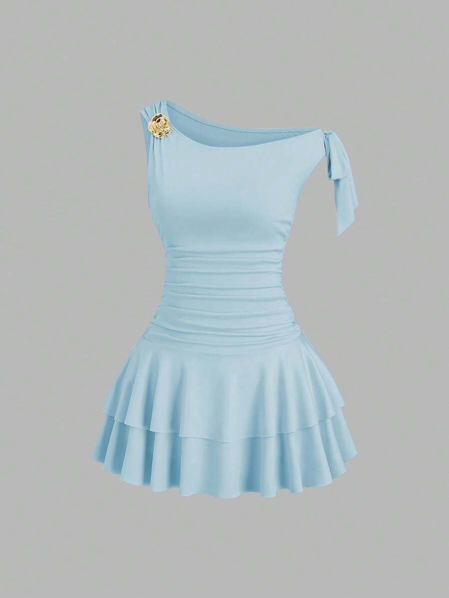 Blue Womens One Shoulder Metal Flower Decor Ruched Waist Double Layer ...