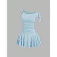 Blue Womens One Shoulder Metal Flower Decor Ruched Waist Double Layer ...