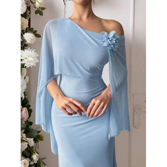 Blue Womens One-Shoulder Ruched Mesh Wrap Dress With Floral ...