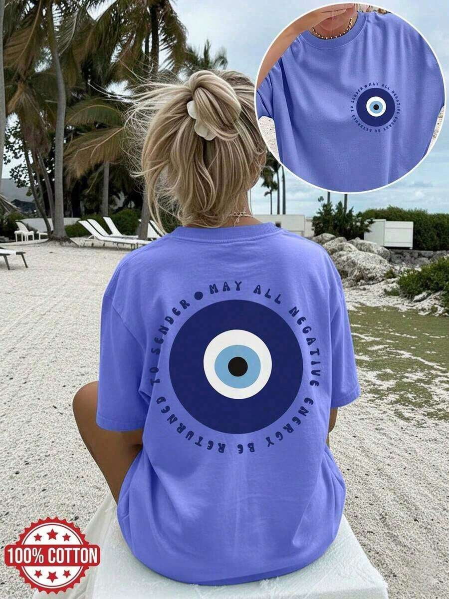 Blue Womens Oversized Graphic T-Shirt, Double-Sided Evil Eye Print, 100 ...