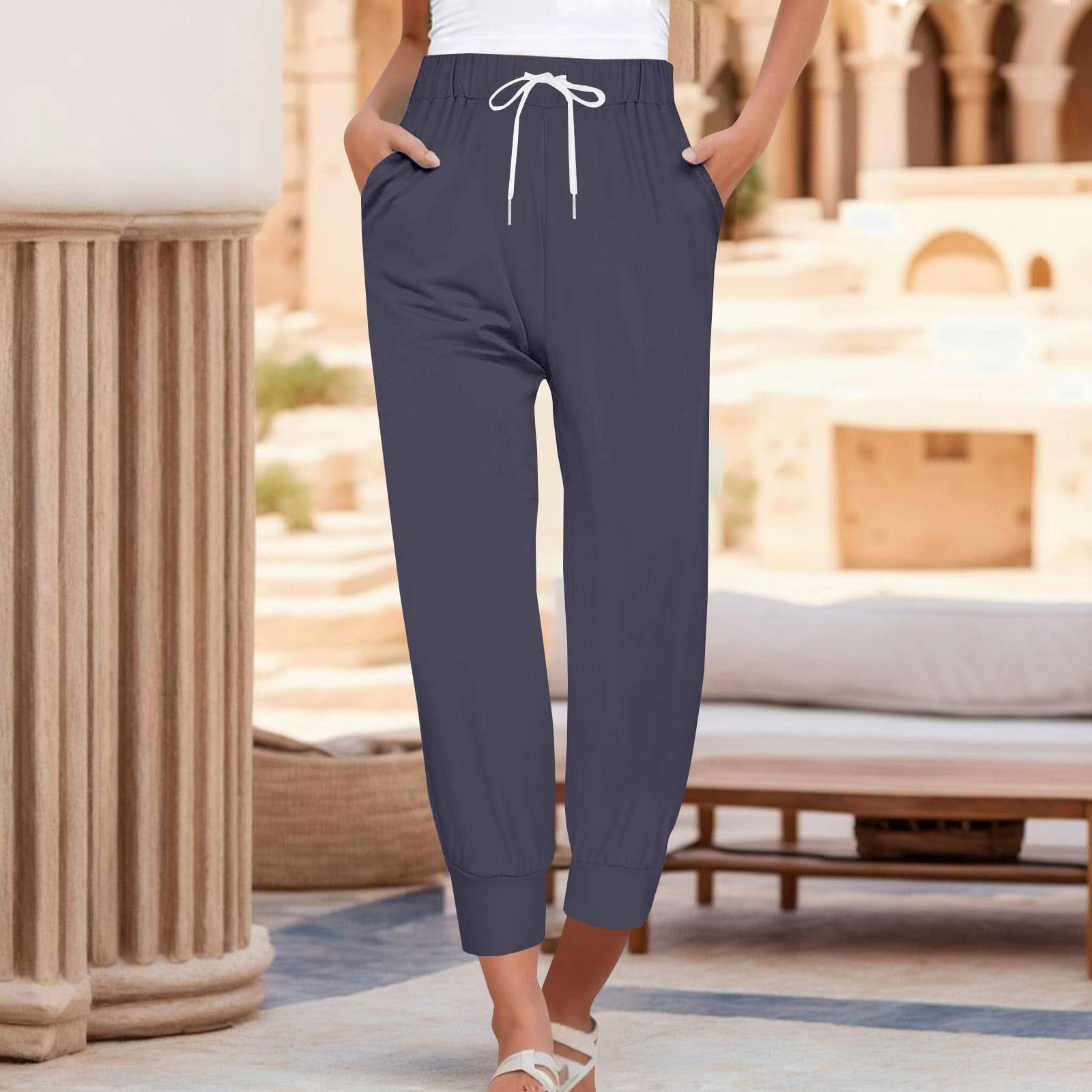 Blue Womens Pants Drawstring Casual Fashion Solid Color Cropped Pants ...