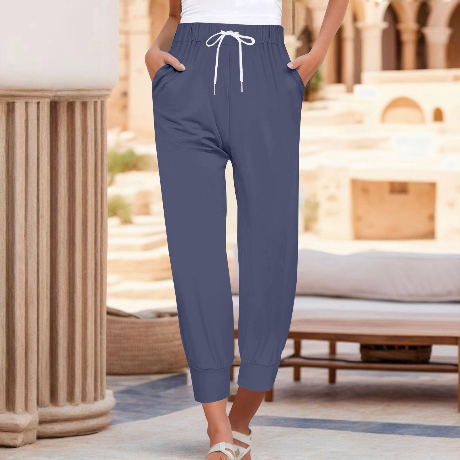 Blue Womens Pants Drawstring Casual Fashion Solid Color Cropped Pants ...