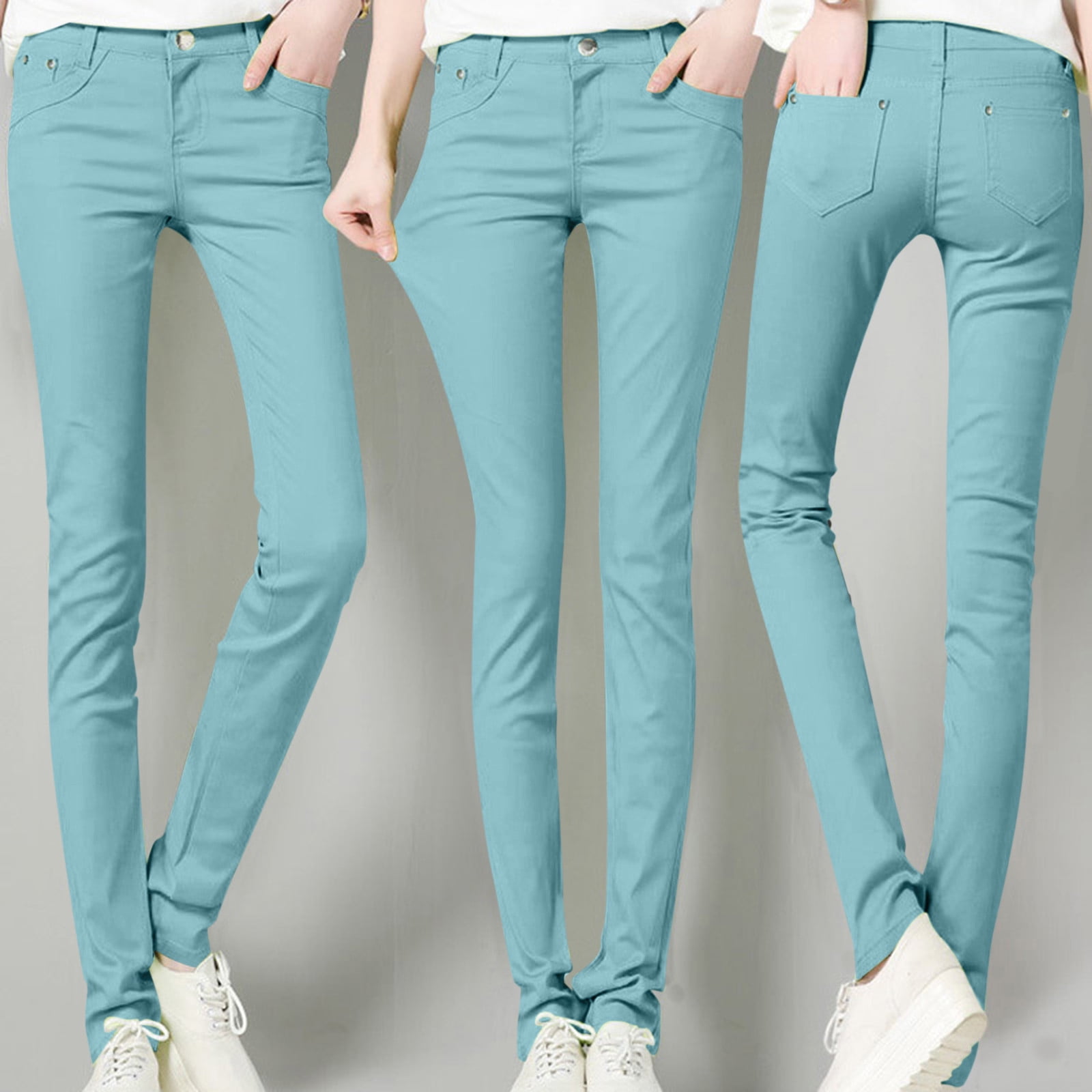 Blue Womens Pants High Rise Fashion Jean Classic Solid Color Jeans ...