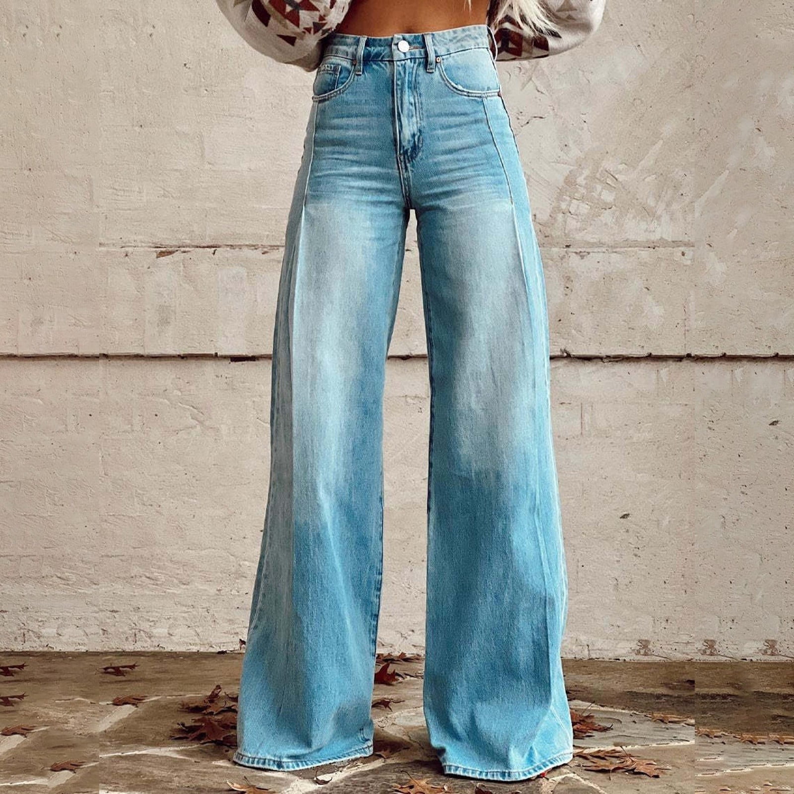 Blue Womens Pants Vintage Flower Print Casual Wide Leg Pants Casual ...