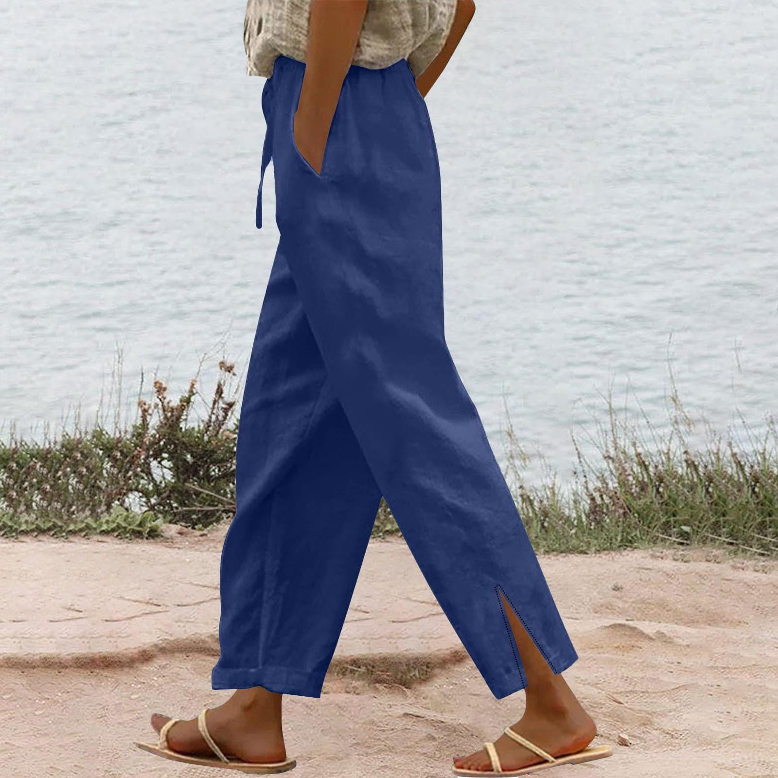 Blue Womens Pants Women's Summer Long Solid Color Cotton Linen Straight ...