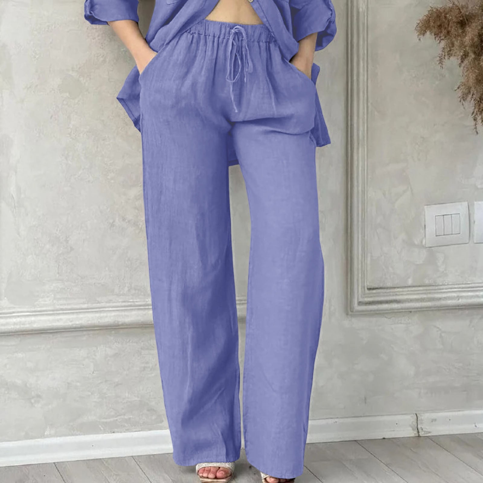 Blue Womens Pants Womens Daily Elastic Waist Pockets Straight Solid ...