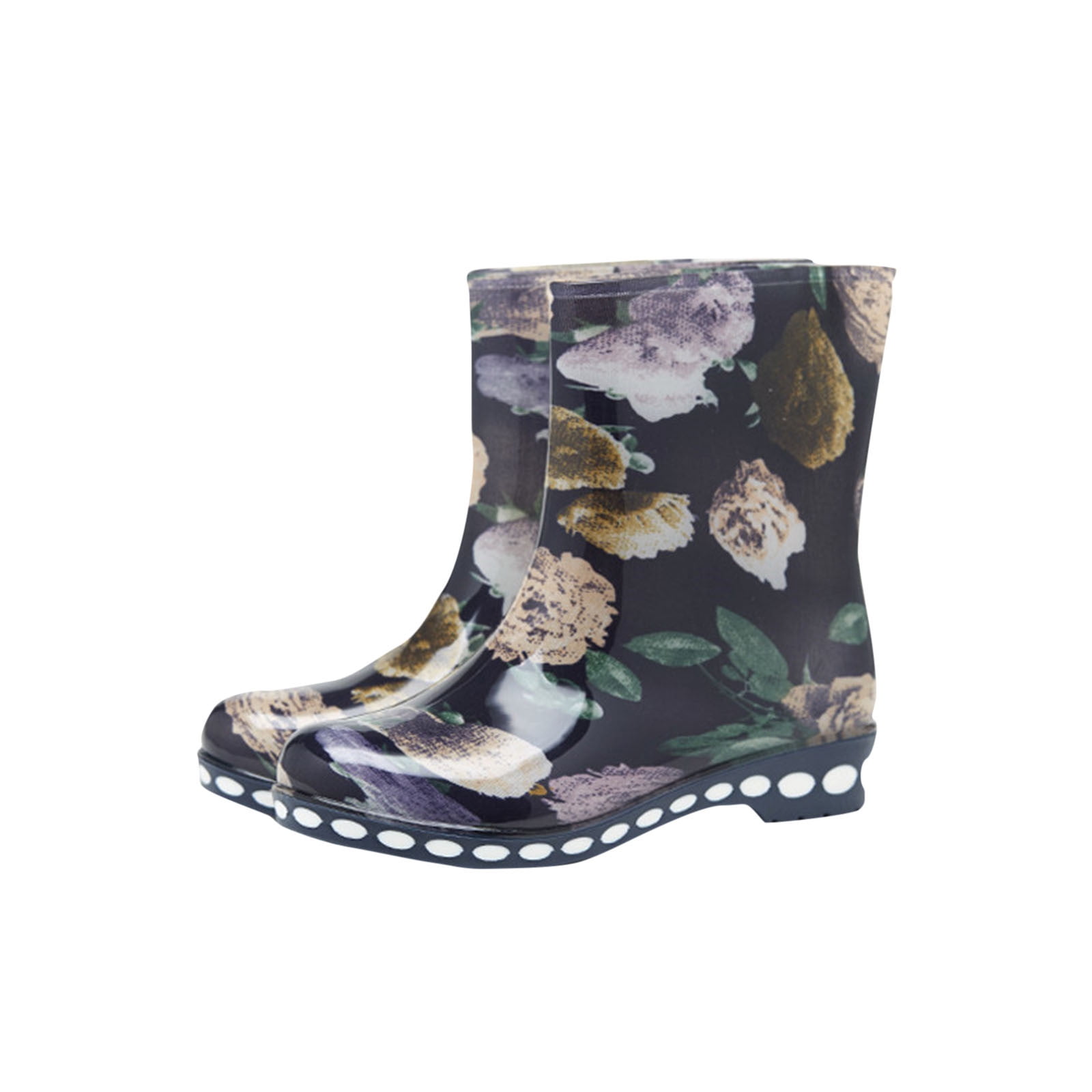 Blue Womens Rain Shoes Floral Design Overshoes Mid Calf Low Heel Rubber ...