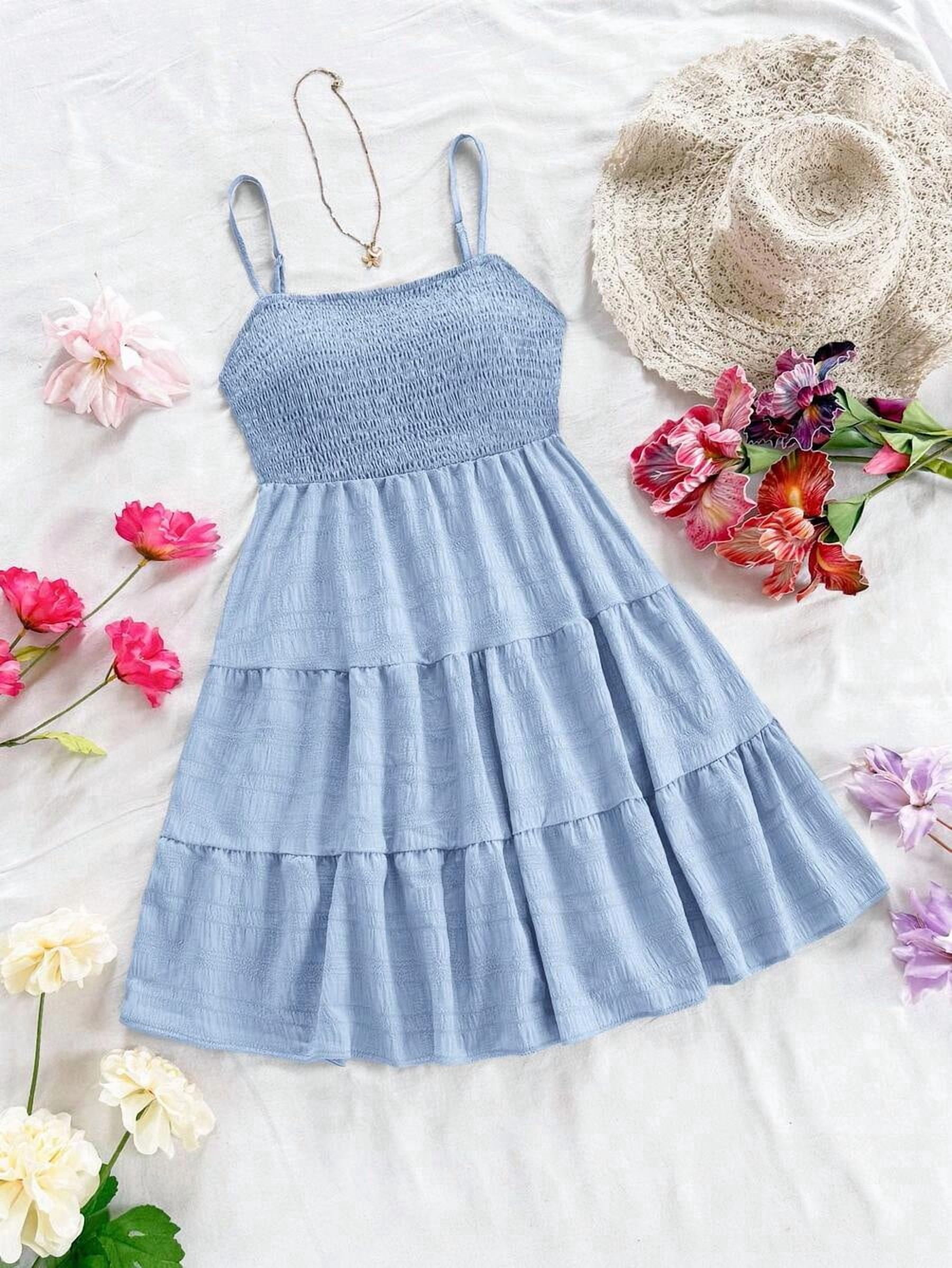 Blue Womens Shirred Tiered Spaghetti Strap Sundress With Ruched Bodice ...