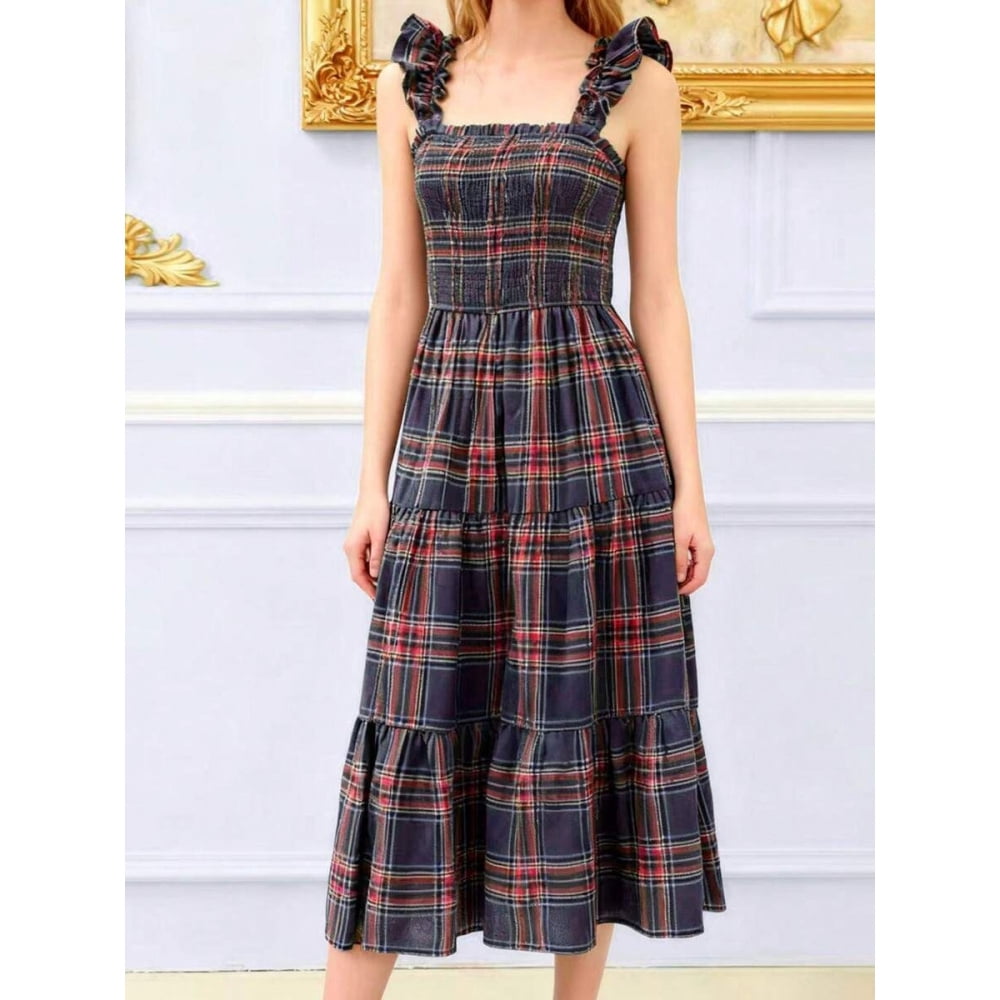 Blue Womens Sleeveless Square Neck Plaid Smocked Tiered A-Line Midi ...