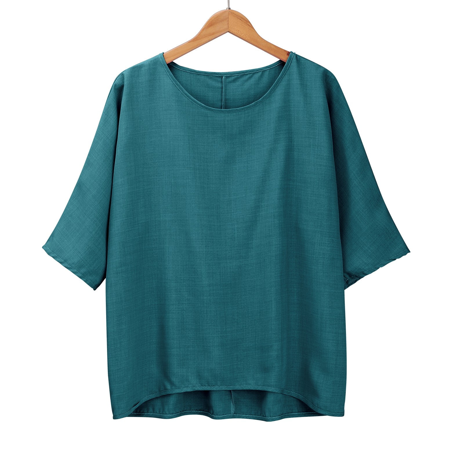 Blue Womens Summer Tops Loose Button Shirt Top Stand Solid Color Sleeve ...
