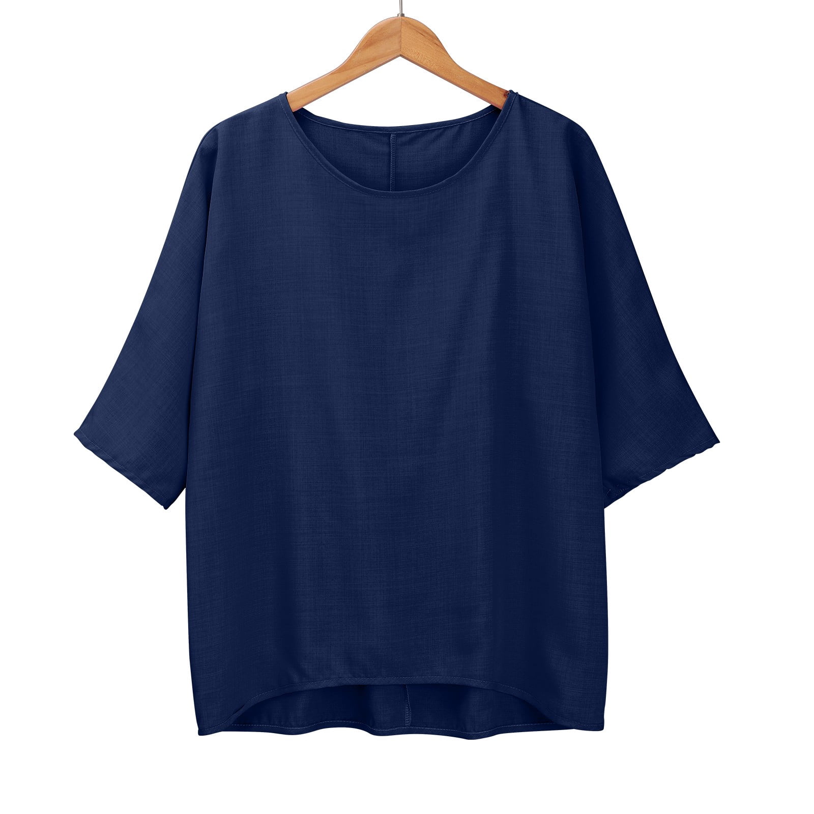 Blue Womens Summer Tops Loose Button Shirt Top Stand Solid Color Sleeve ...