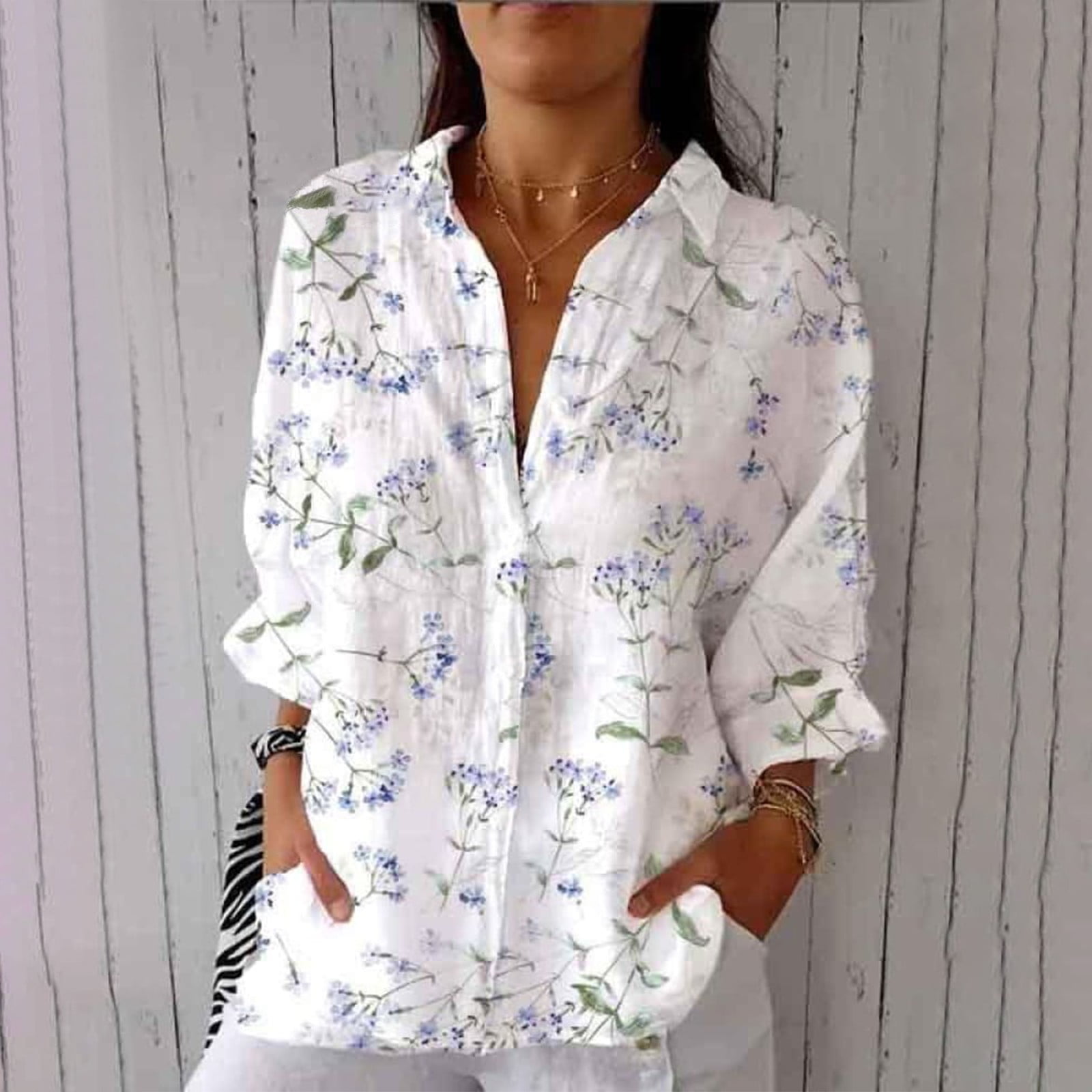 Blue Womens Summer Tops Women's Retro Art Floral Print Shirt Art Print ...