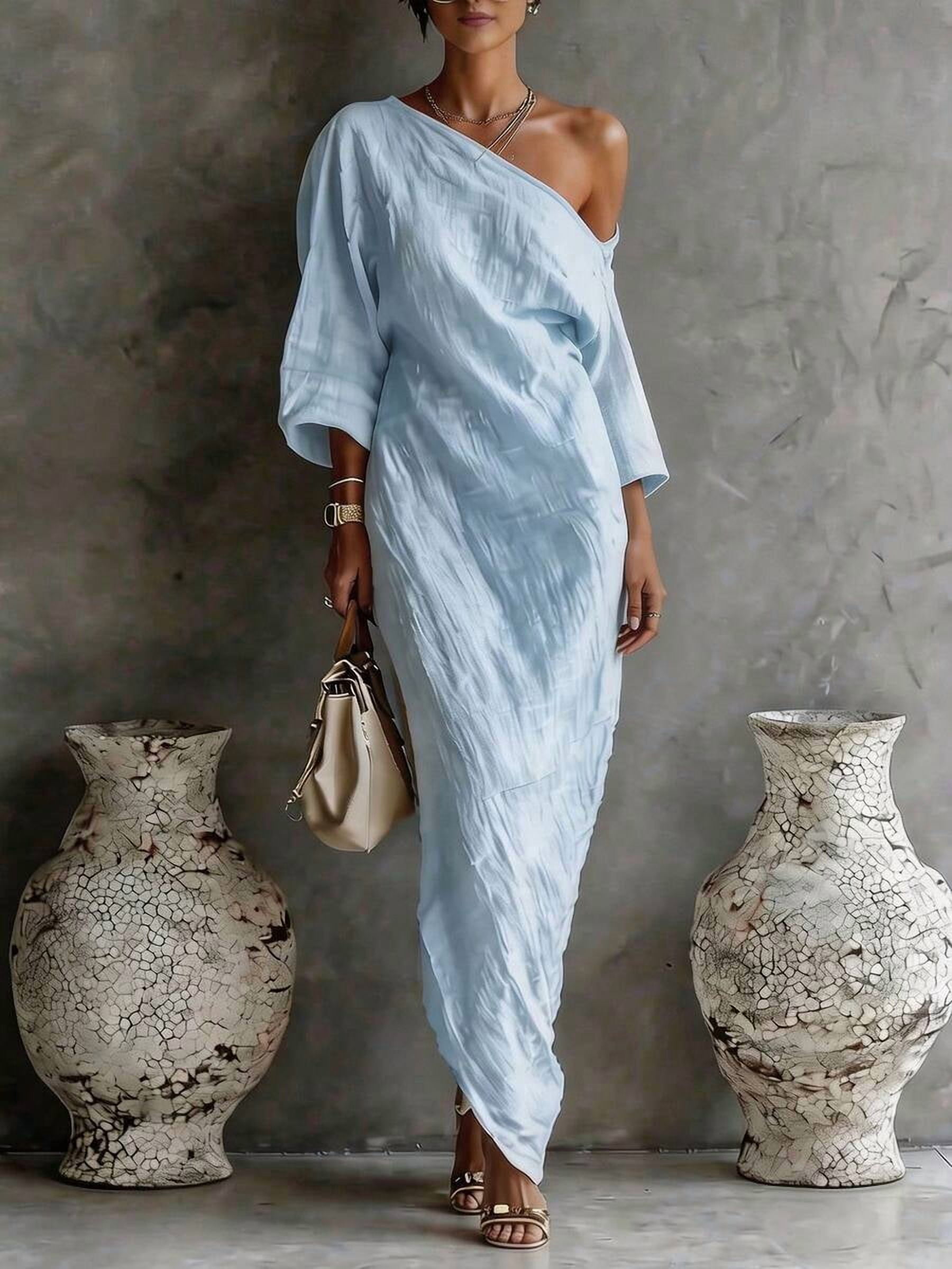 Blue Womens Textured Off-Shoulder Maxi Dress, Relaxed Fit For Casual Or ...