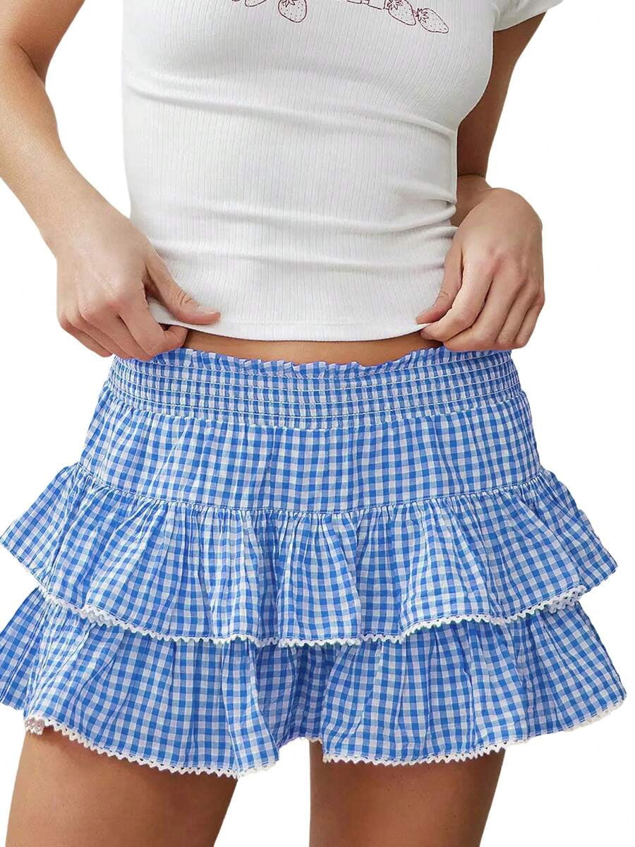 Blue Womens Tiered Ruffled Mini Skirt With Gingham Print, Smocked Waist ...