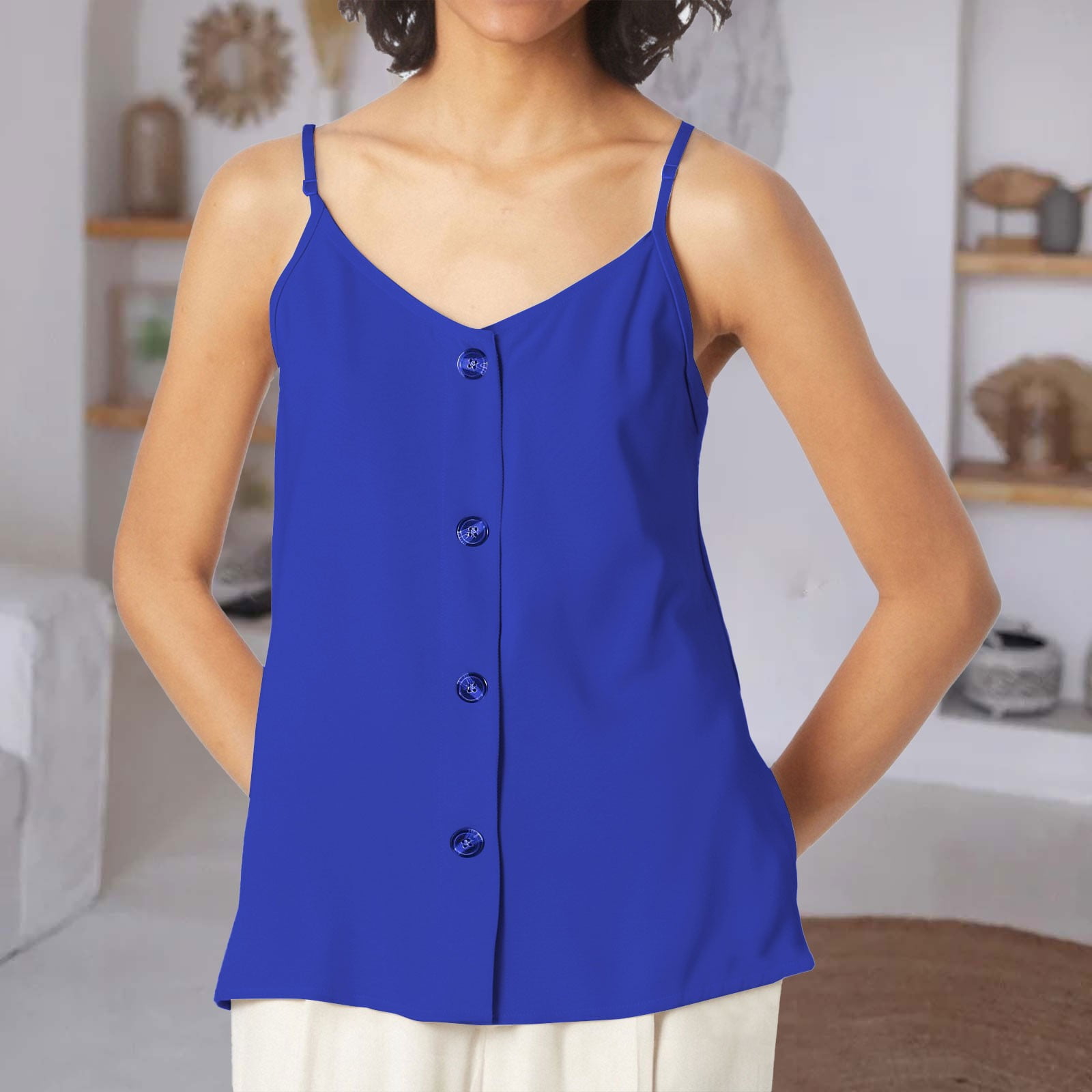 Blue Womens Tops Beauty Casual V Neck Buckle Vest Top Summer Sleeveless ...