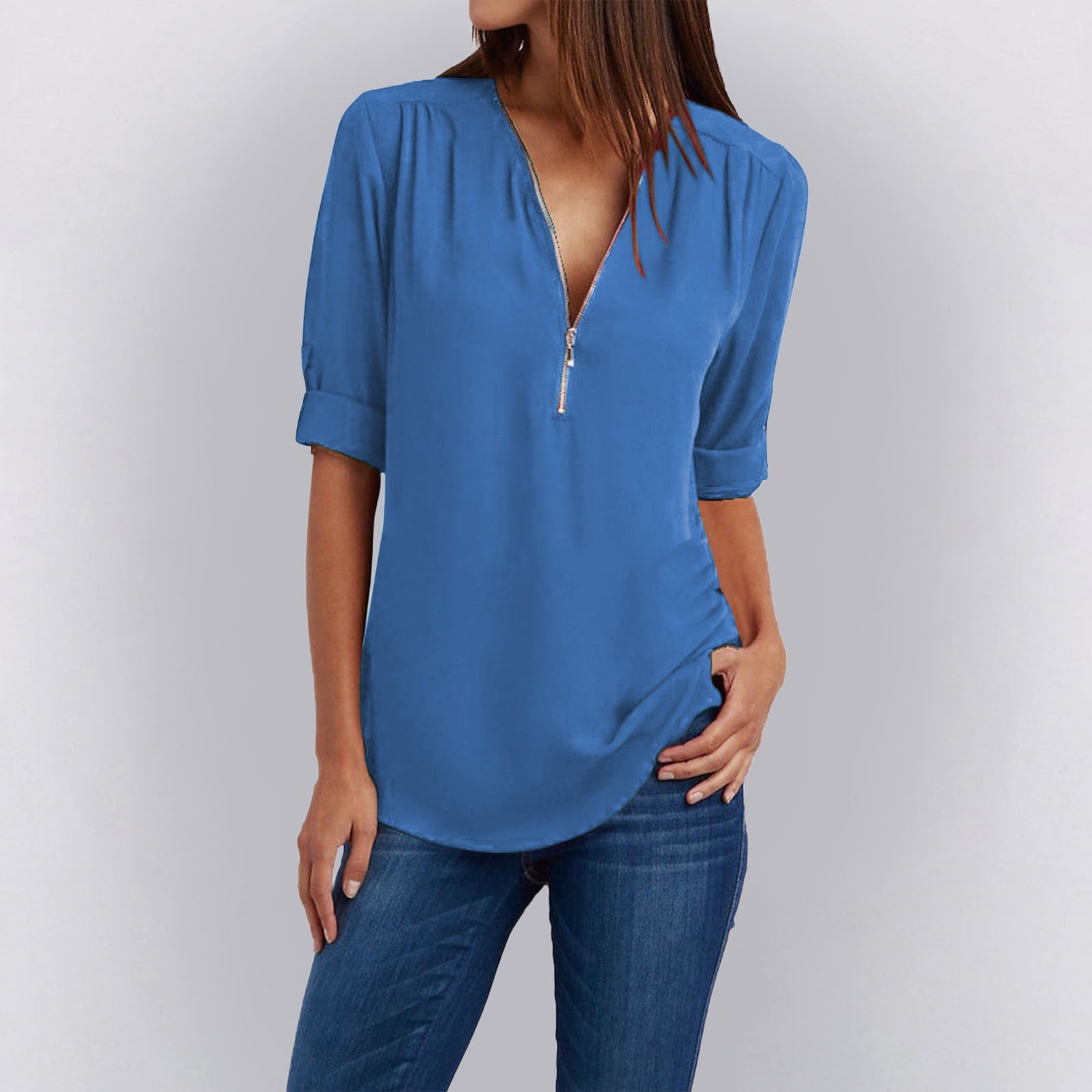 Blue Womens Tops Button Women Ladies Clothing Loose Shirt Chiffon ...