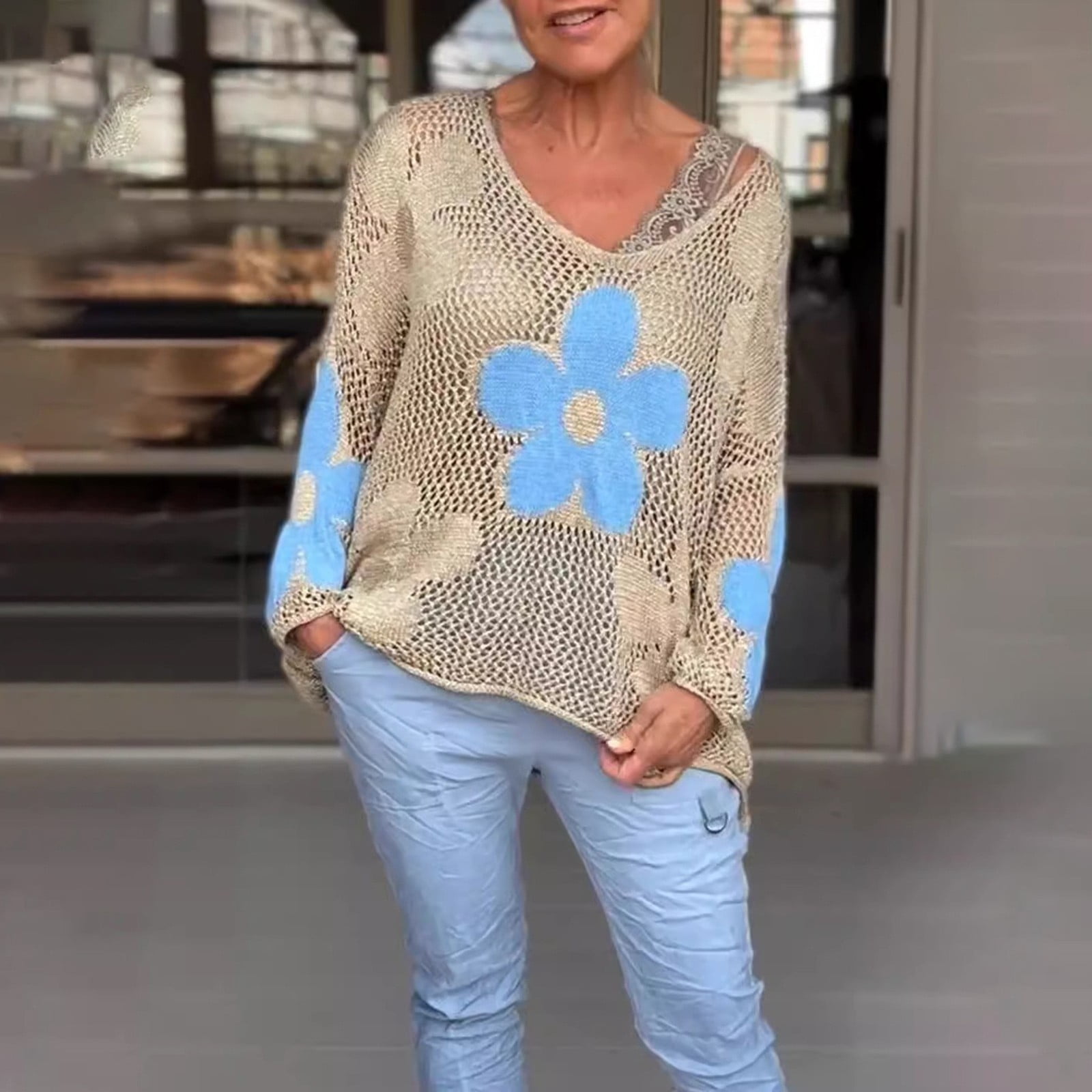 Blue Womens Tops Floral Knitted Hollow V Neck Shirt Floral Grid Knitted ...