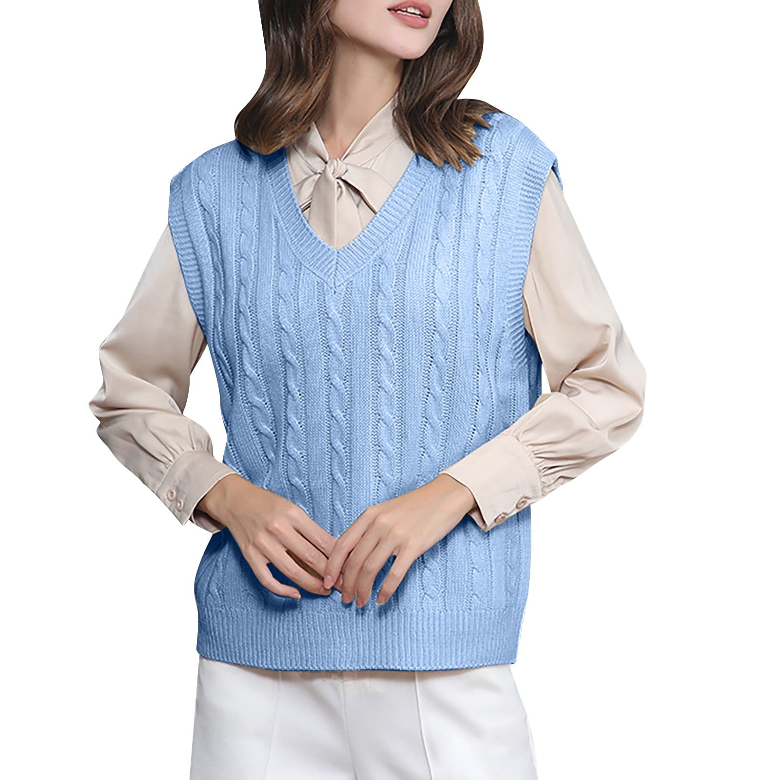 Blue Womens Tops Ladies' Solid Color Knit Vest Pullover V Neck Vest ...