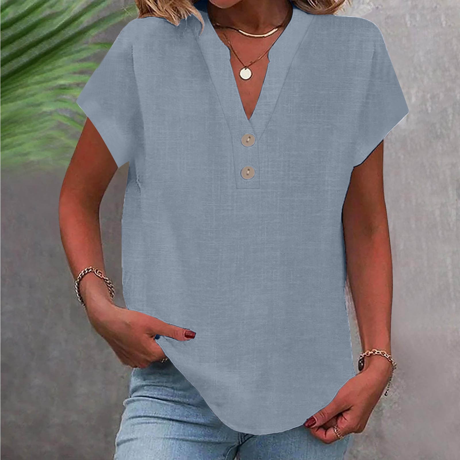 Blue Womens Tops Loose Button Shirt Top Stand Solid Color Sleeve Collar ...