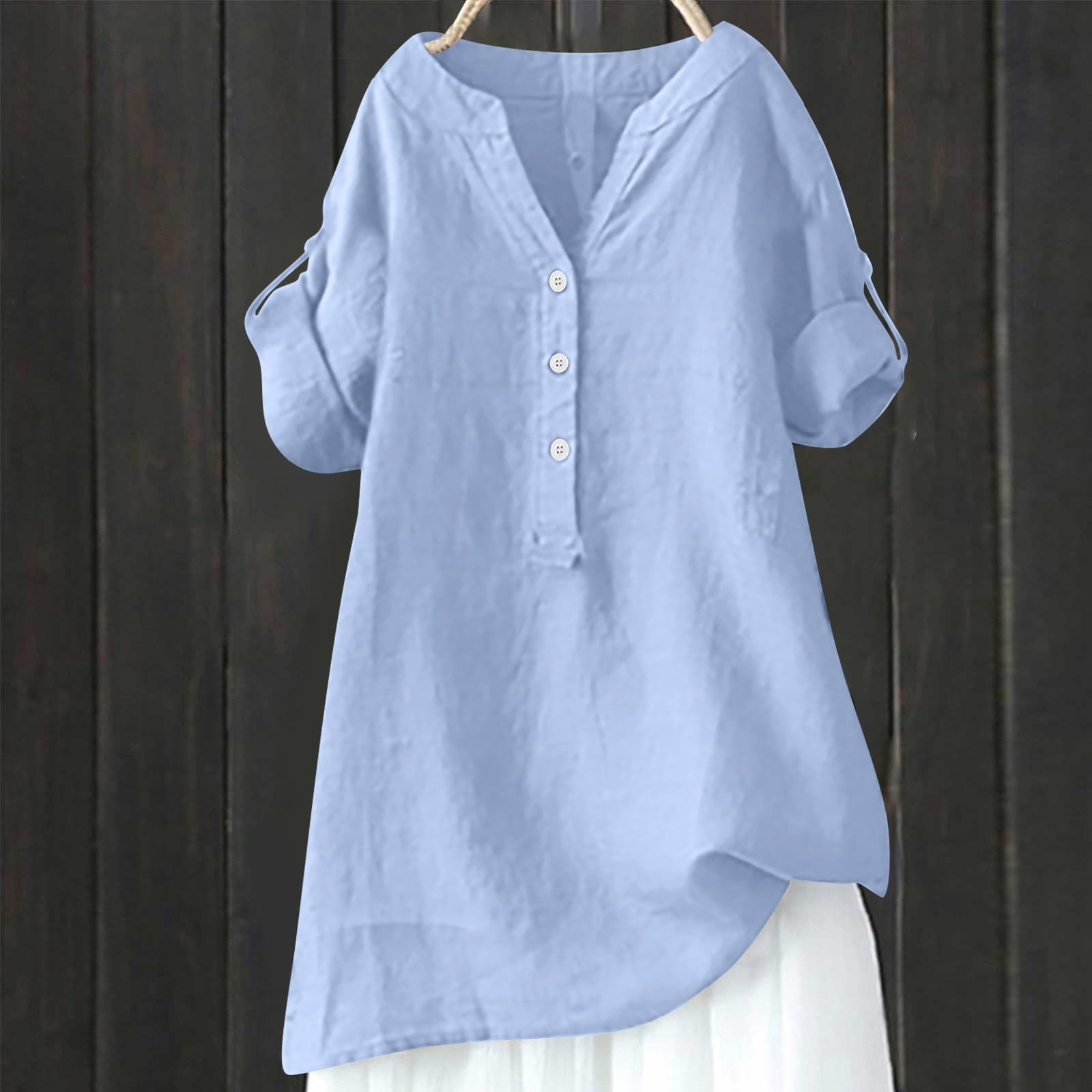 Blue Womens Tops Loose Button Shirt Top Stand Solid Color Sleeve Collar ...