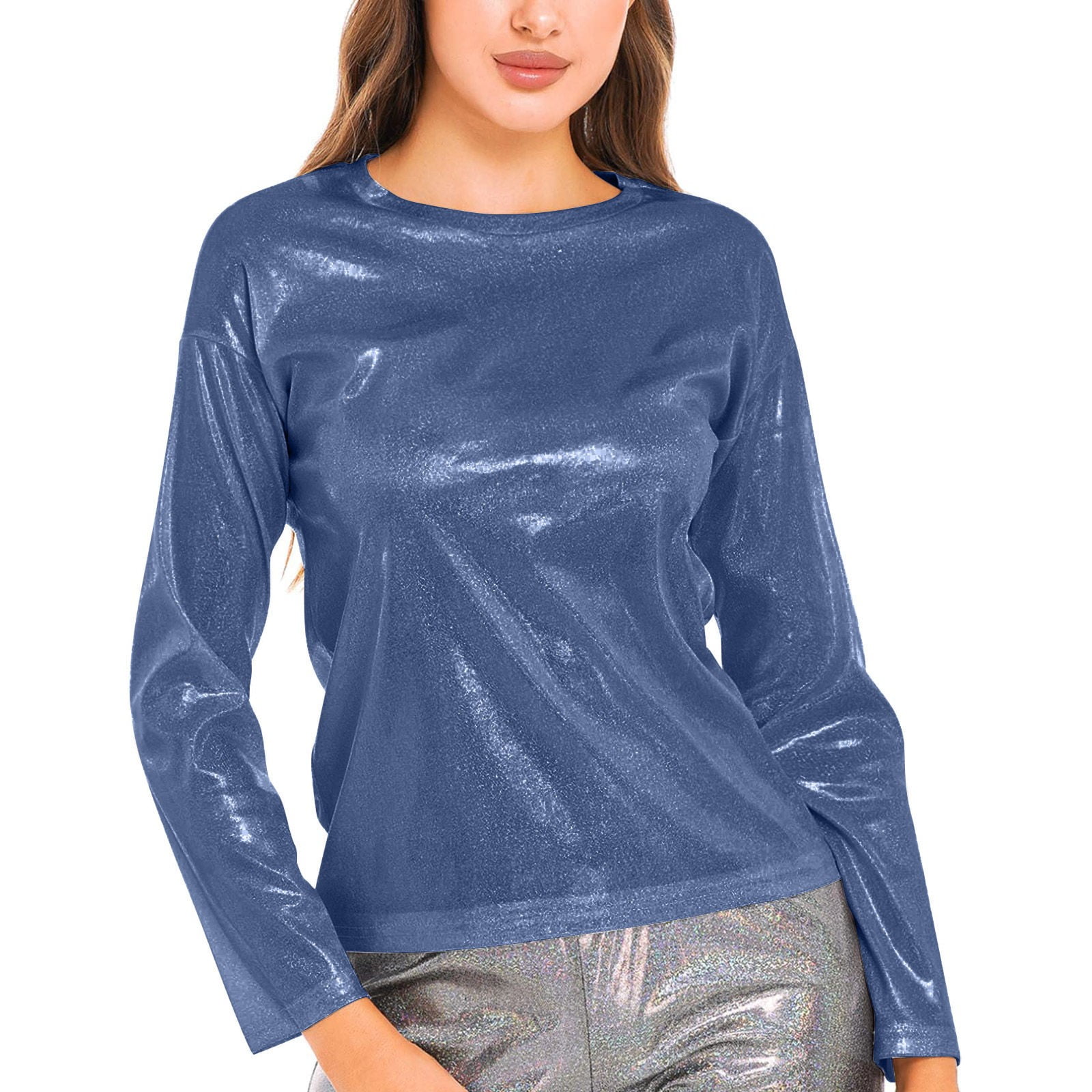 Blue Womens Tops Solid Color Reflective Shiny Metallic Round Neck Long ...