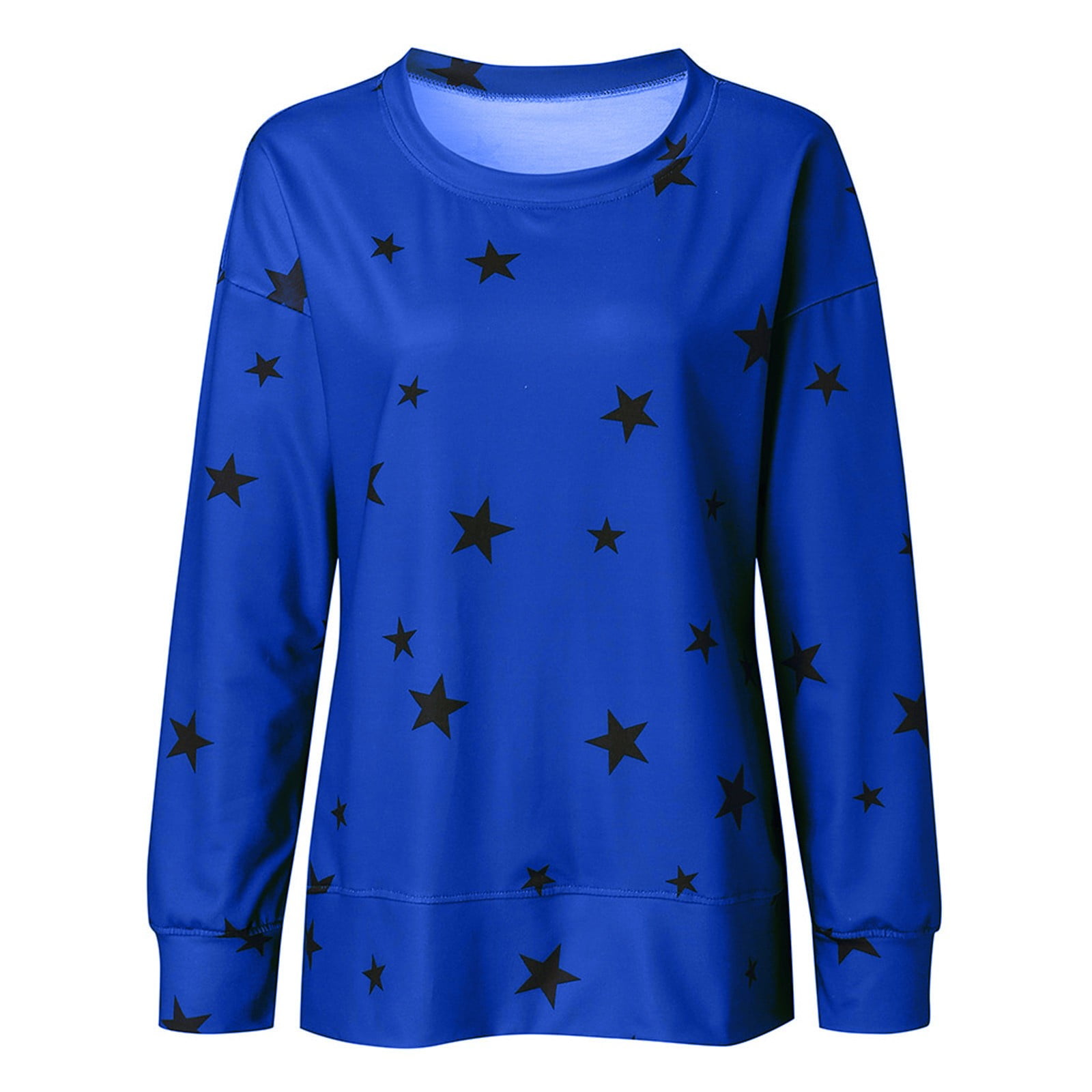 Blue Womens Tops Women Fashion O-Neck Star Print Patchwork Long Sleeves ...