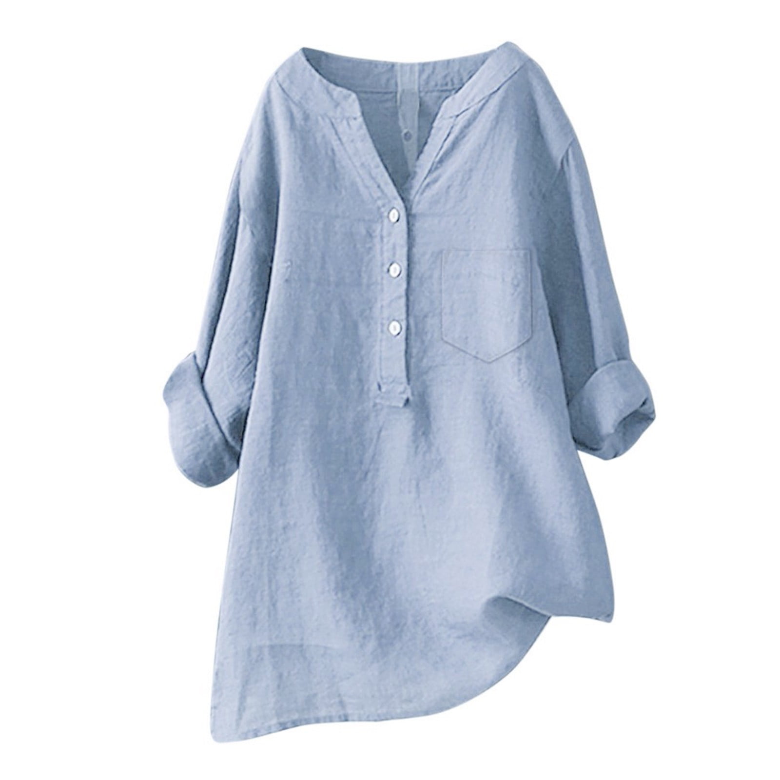 Blue Womens Tops Women'S Solid Color Stand Up Collar Button Cotton Long ...
