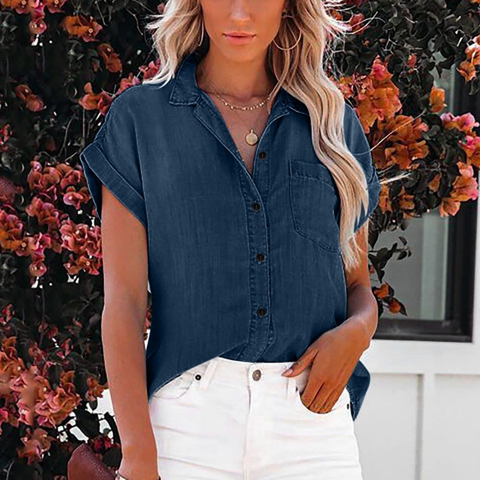 Blue Womens Tops Women Summer Solid Fashion Pocket Lapel Wash Denim ...