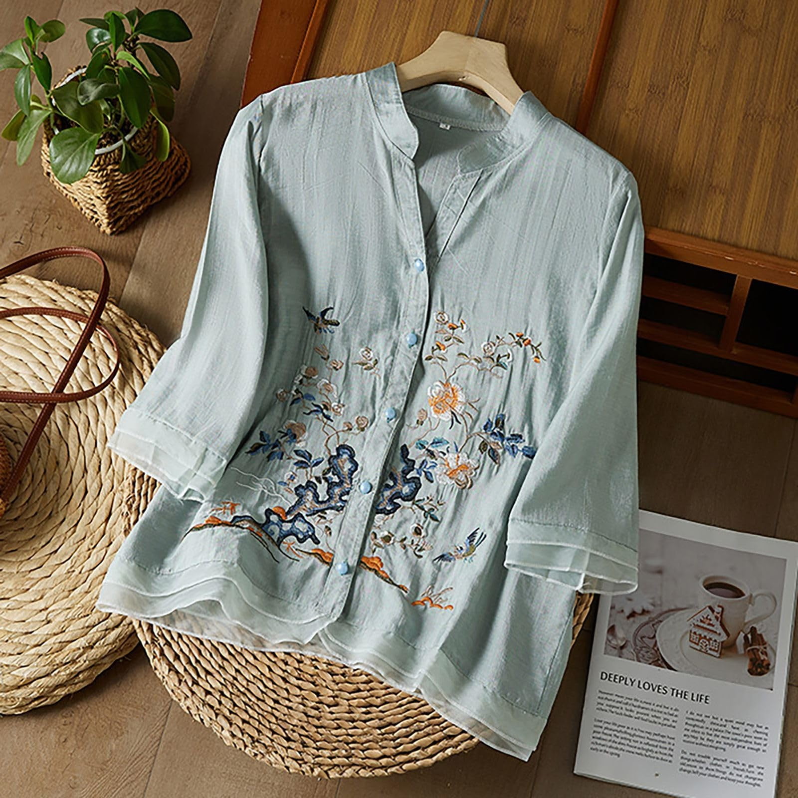 Blue Womens Tops Women's Cotton Linen Embroidered Shirt Tops Boho 3/4 ...