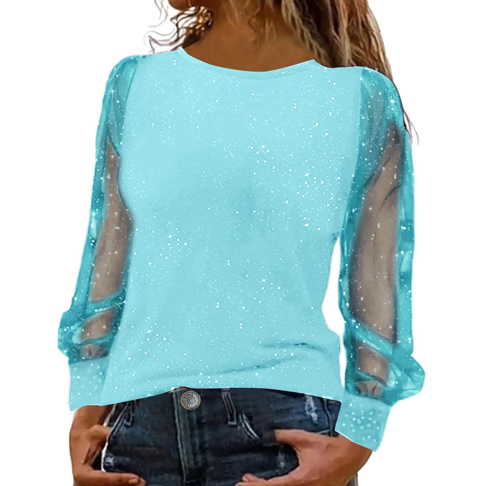 Blue Womens Tops Women's Sequin Long Sleeve Loose Round Neck Casual ...