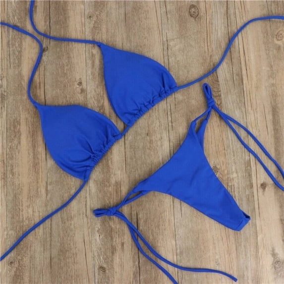 Blue Womens Triangle Bikini Set With Adjustable Tie Straps High Cut ...
