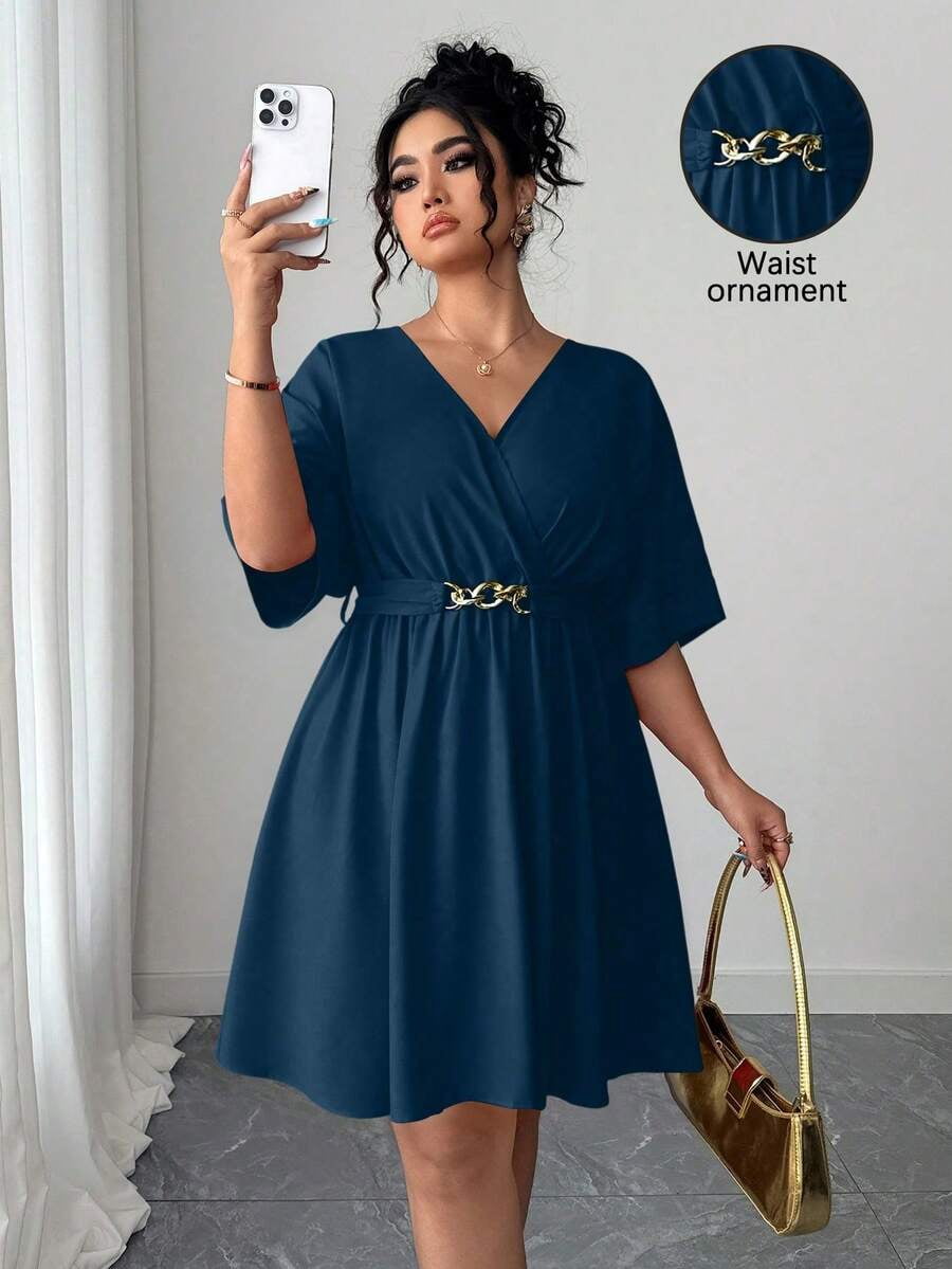 Blue Womens V-Neck Wrap Cinched Waist A-Line Dress With Ornamental Chain Belt - Walmart.com