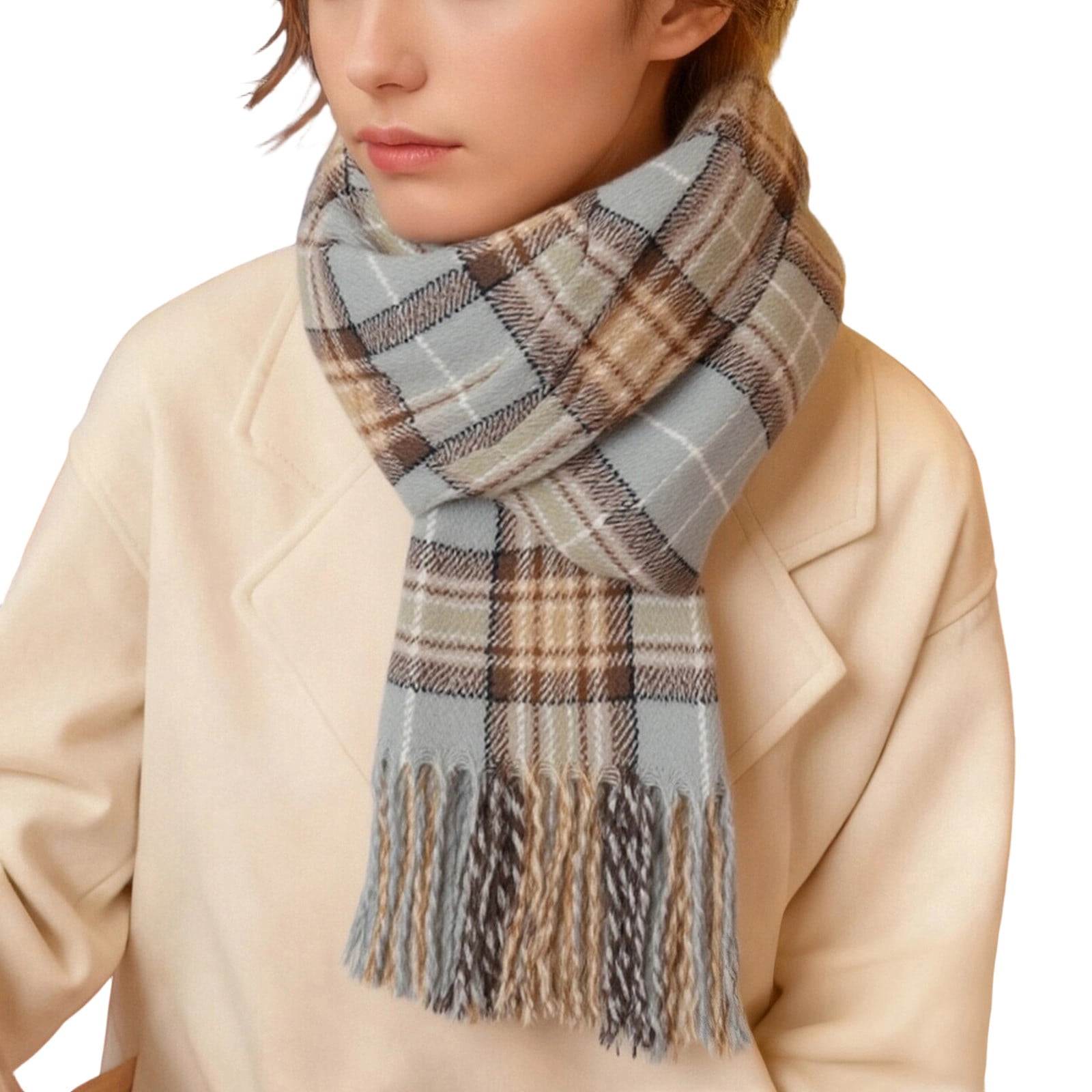 Blue Womens Winter Scarf Warm Thick Plaid Tassel Soft Polyester Cold ...