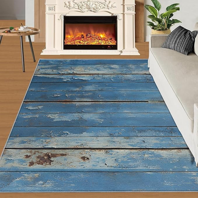 Blue Wood Decor for Home - Barn Door Rug, Vintage Wood Grain Area Rugs ...