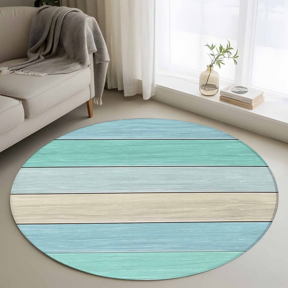 Blue Wood Grain 4FT Round Area Rugs Country Blue Green Gradient Wooden ...