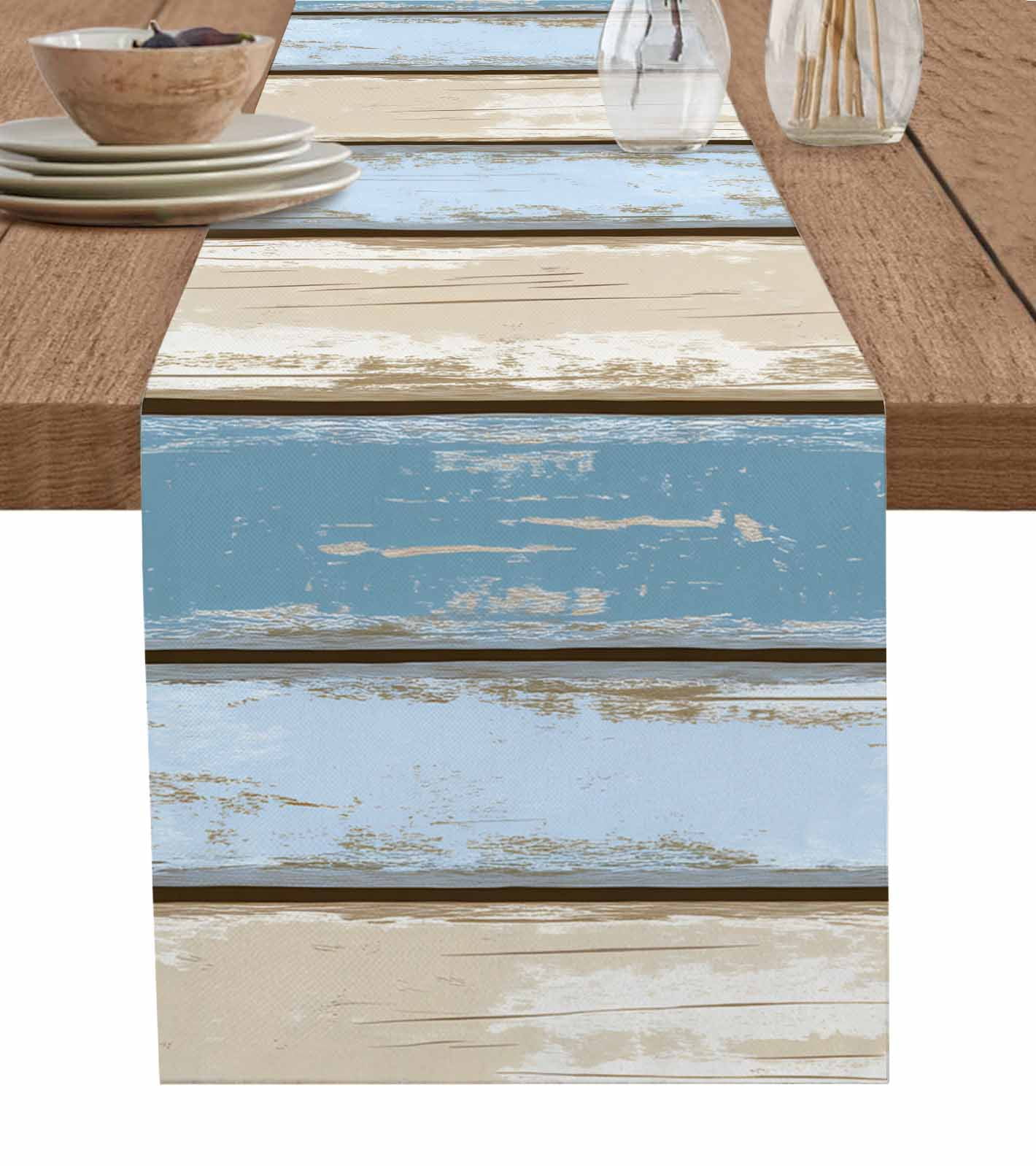 Blue Wood Grain Burlap Cotton Table Runner 13x36 Inches Short, Vintage ...