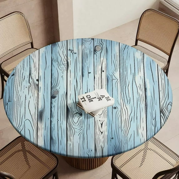 Blue Wood Grain Print Round Table Cover Kitchen Printed Waterproof ...
