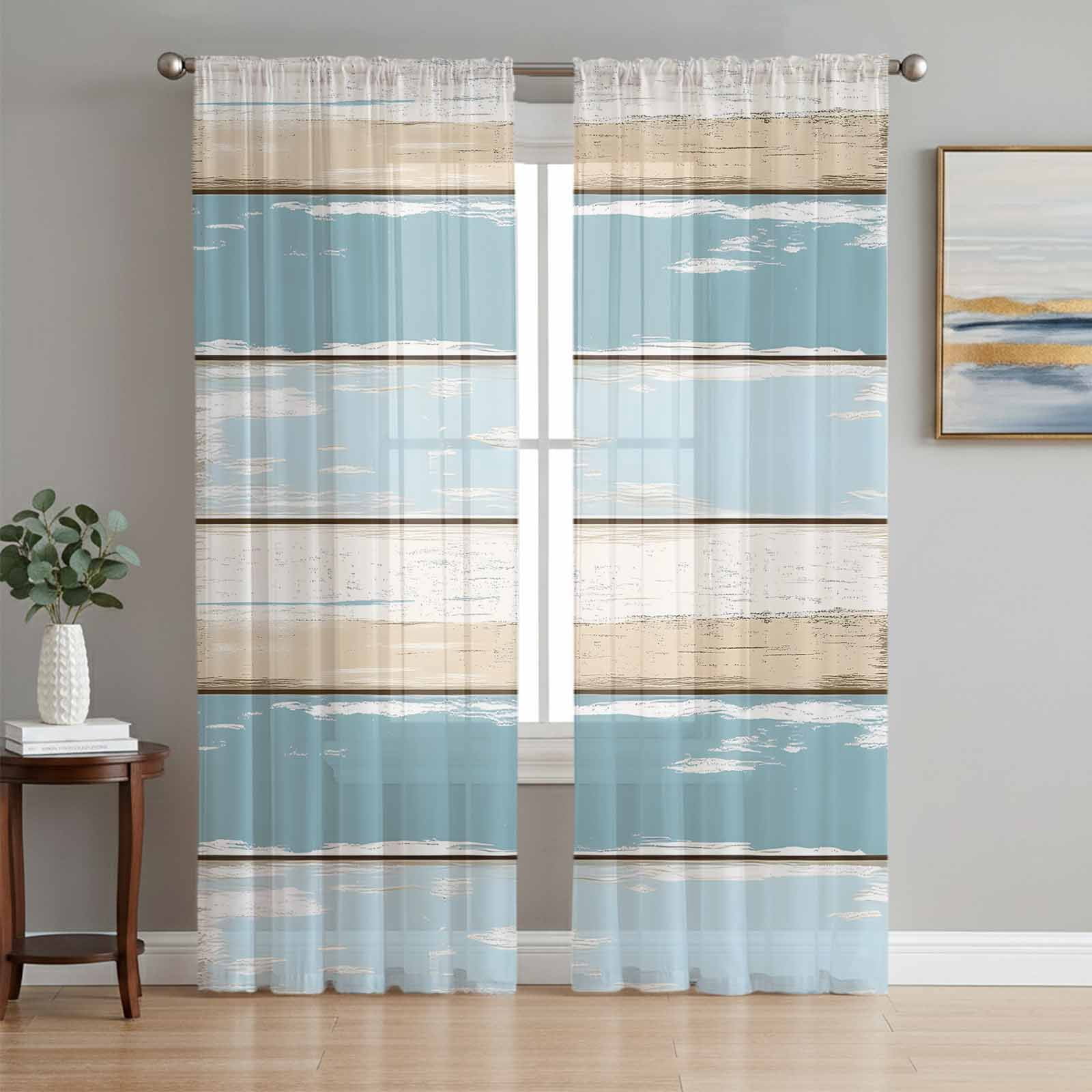 Blue Wood Grain Sheer Curtains 72 Inch Length 2 Panels Set, Farmhouse ...