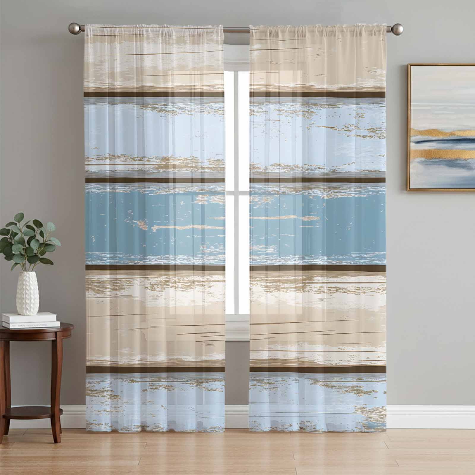 Blue Wood Grain Sheer Curtains 84 Inch Length 2 Panels Set, Vintage ...