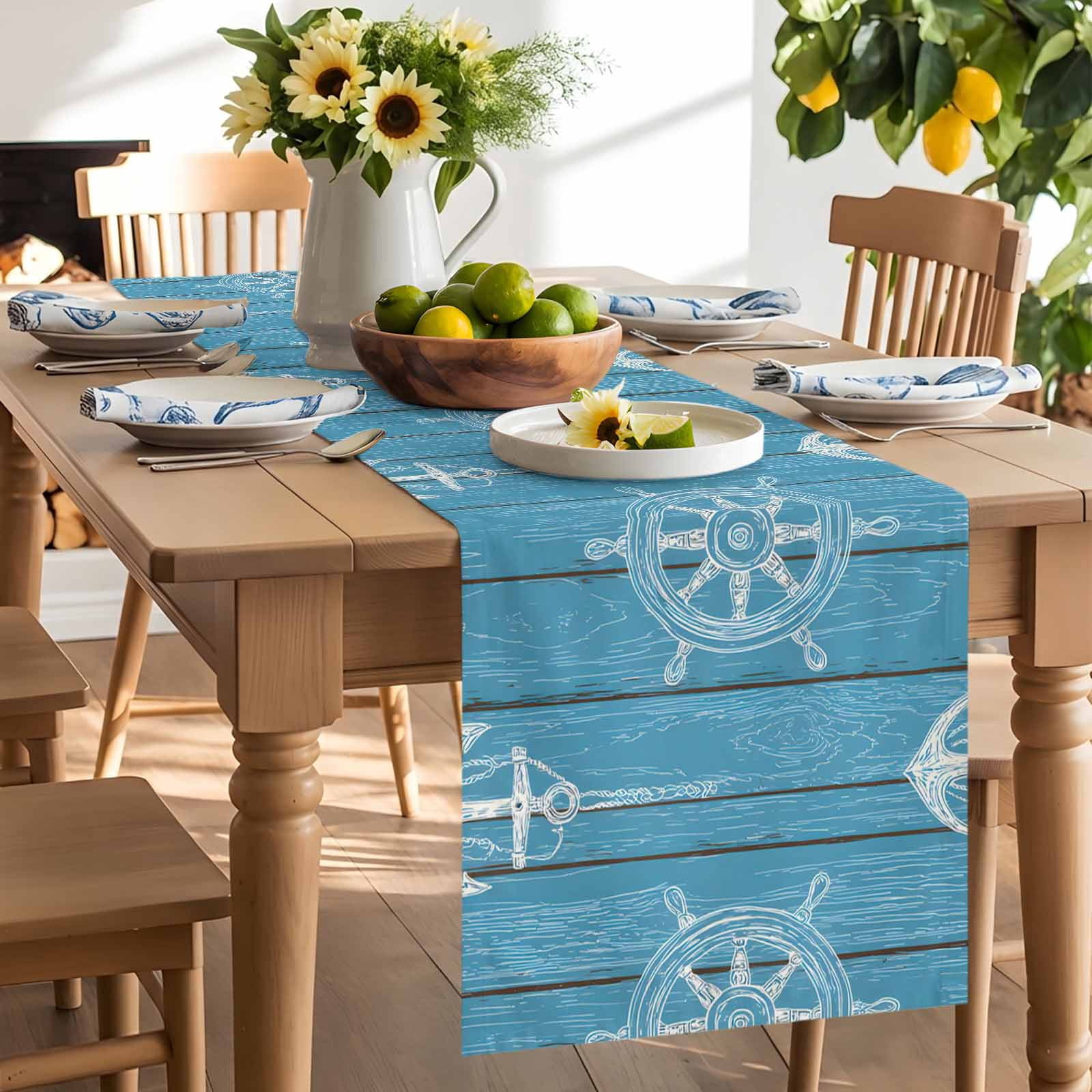 Blue Wood Grain Table Runner, Striped Anchor Rudder Nautical Vintage ...